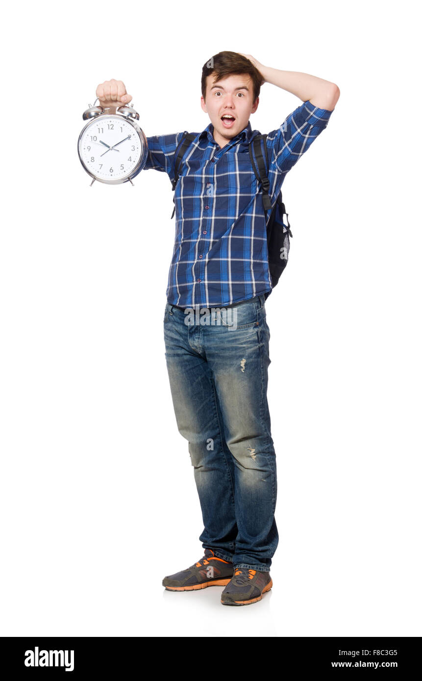 Student missing his studying deadlines on white Stock Photo - Alamy