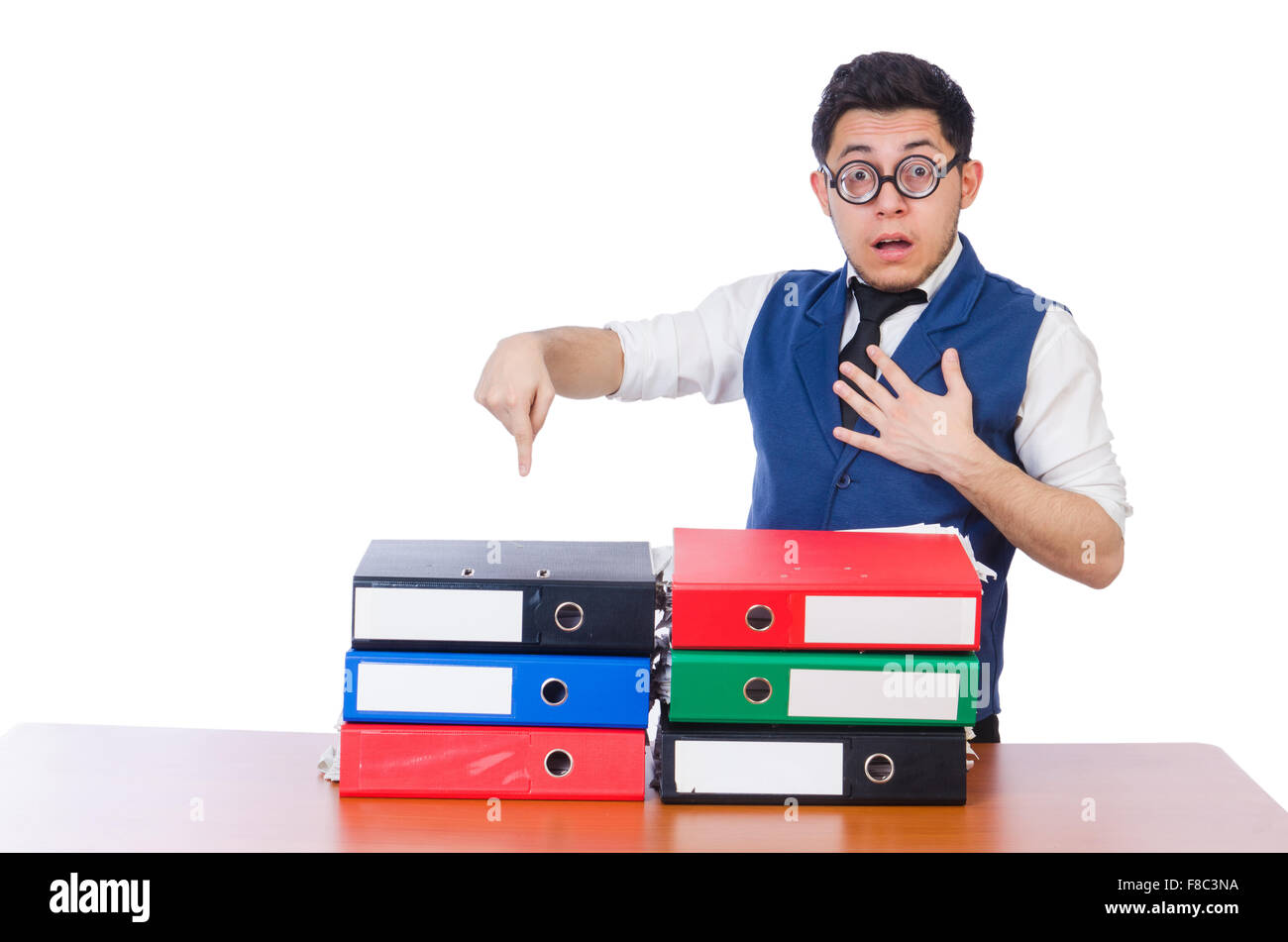Funny man with lots of folders on white Stock Photo - Alamy