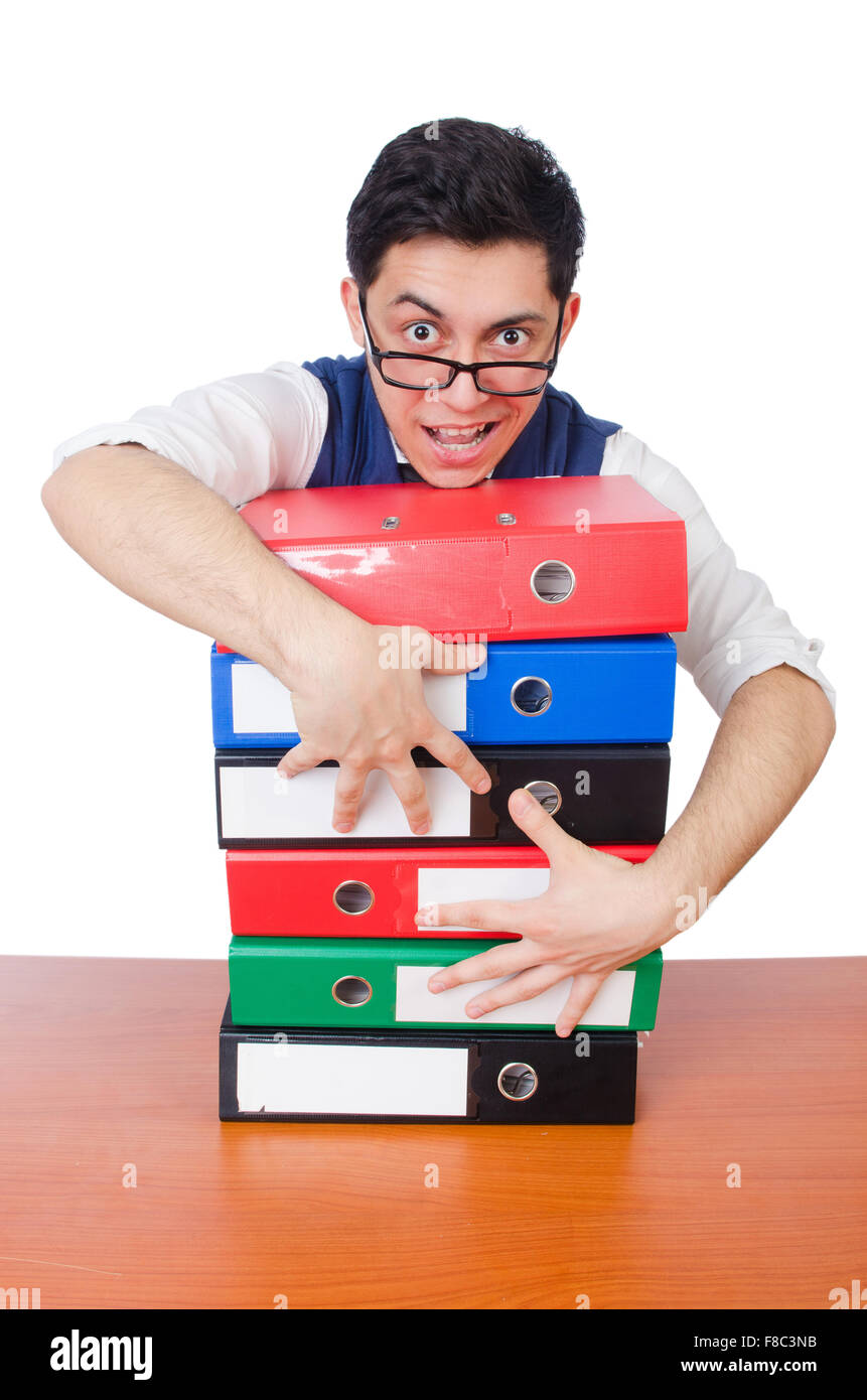 Funny man with lots of folders on white Stock Photo - Alamy