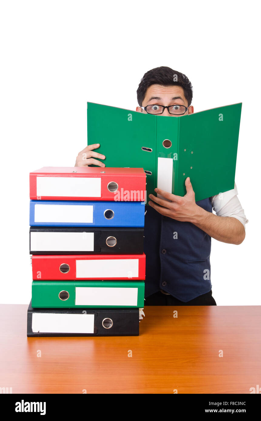 Funny man with lots of folders on white Stock Photo - Alamy