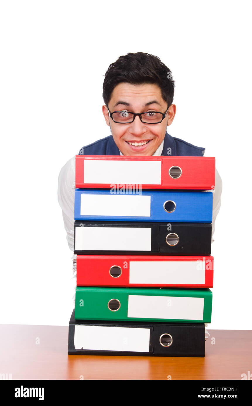 Funny man with lots of folders on white Stock Photo - Alamy