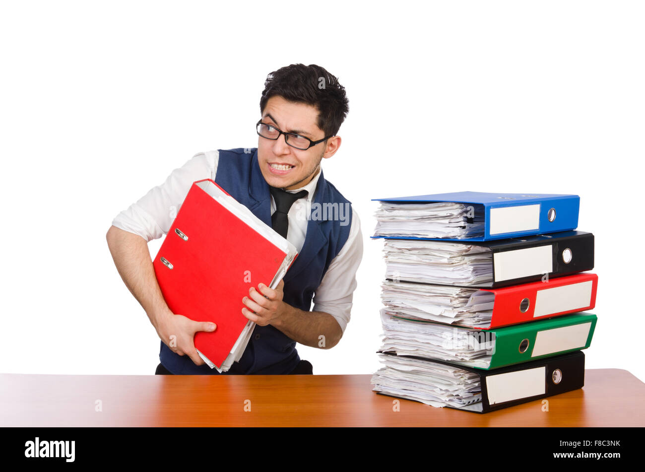 Funny man with lots of folders on white Stock Photo - Alamy