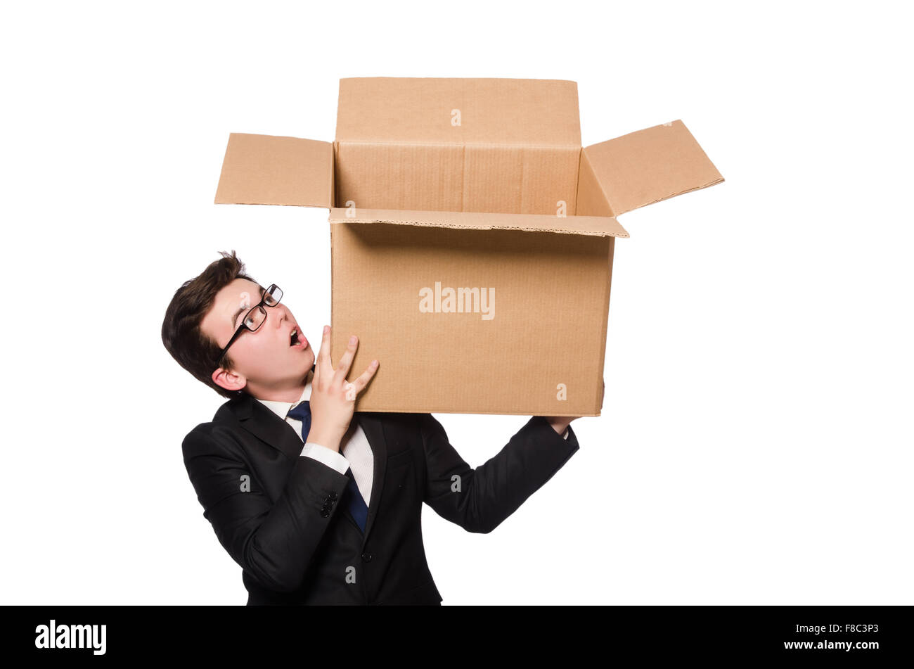 Funny man with boxes isolated on white Stock Photo - Alamy