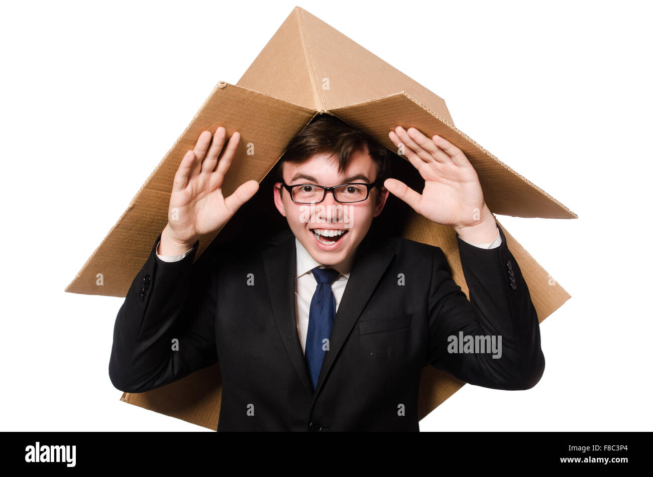 Funny man with boxes isolated on white Stock Photo - Alamy
