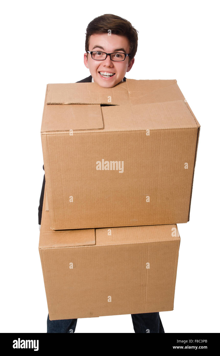 Funny man with boxes isolated on white Stock Photo - Alamy
