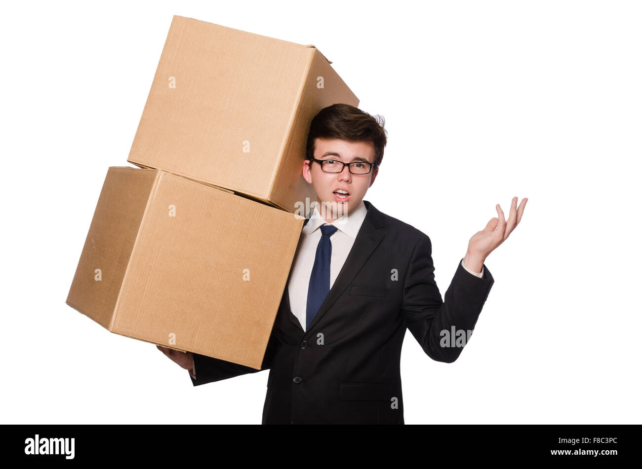 Funny man with boxes isolated on white Stock Photo - Alamy