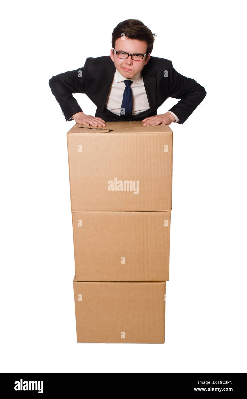 Funny man with boxes isolated on white Stock Photo - Alamy