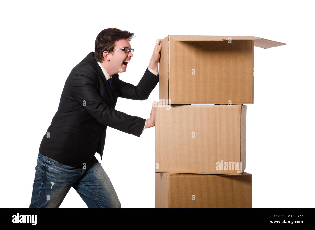 Funny man with boxes isolated on white Stock Photo - Alamy