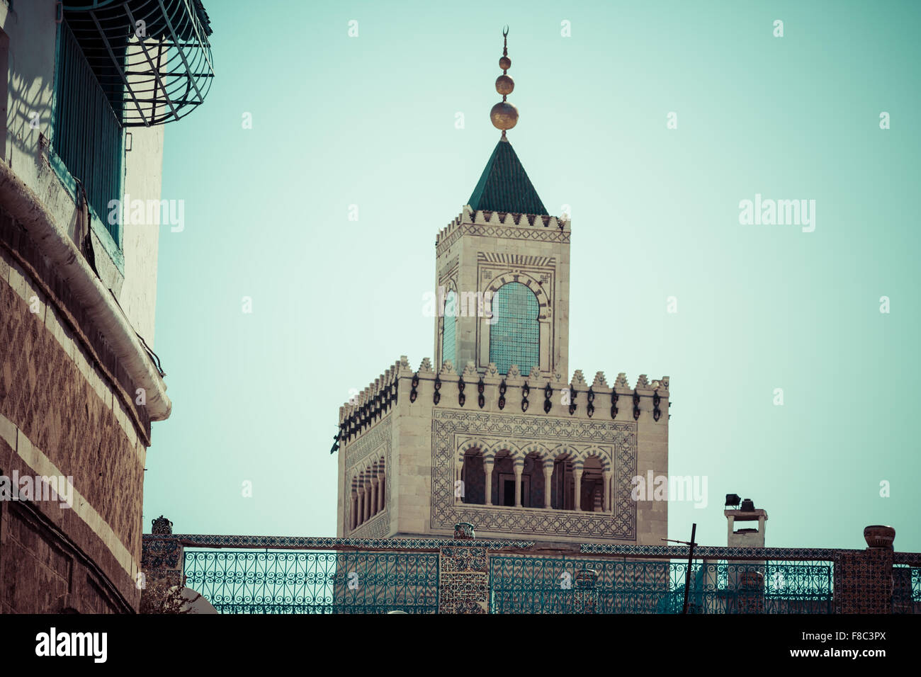 Tunisia. Minaret of the Great mosque (Zitouna, "olive tree") located at ...