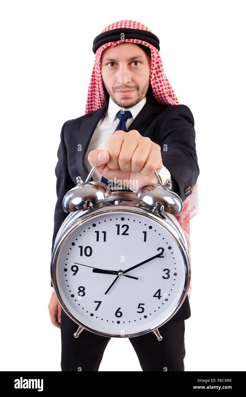 Arab man in time concept on white Stock Photo - Alamy