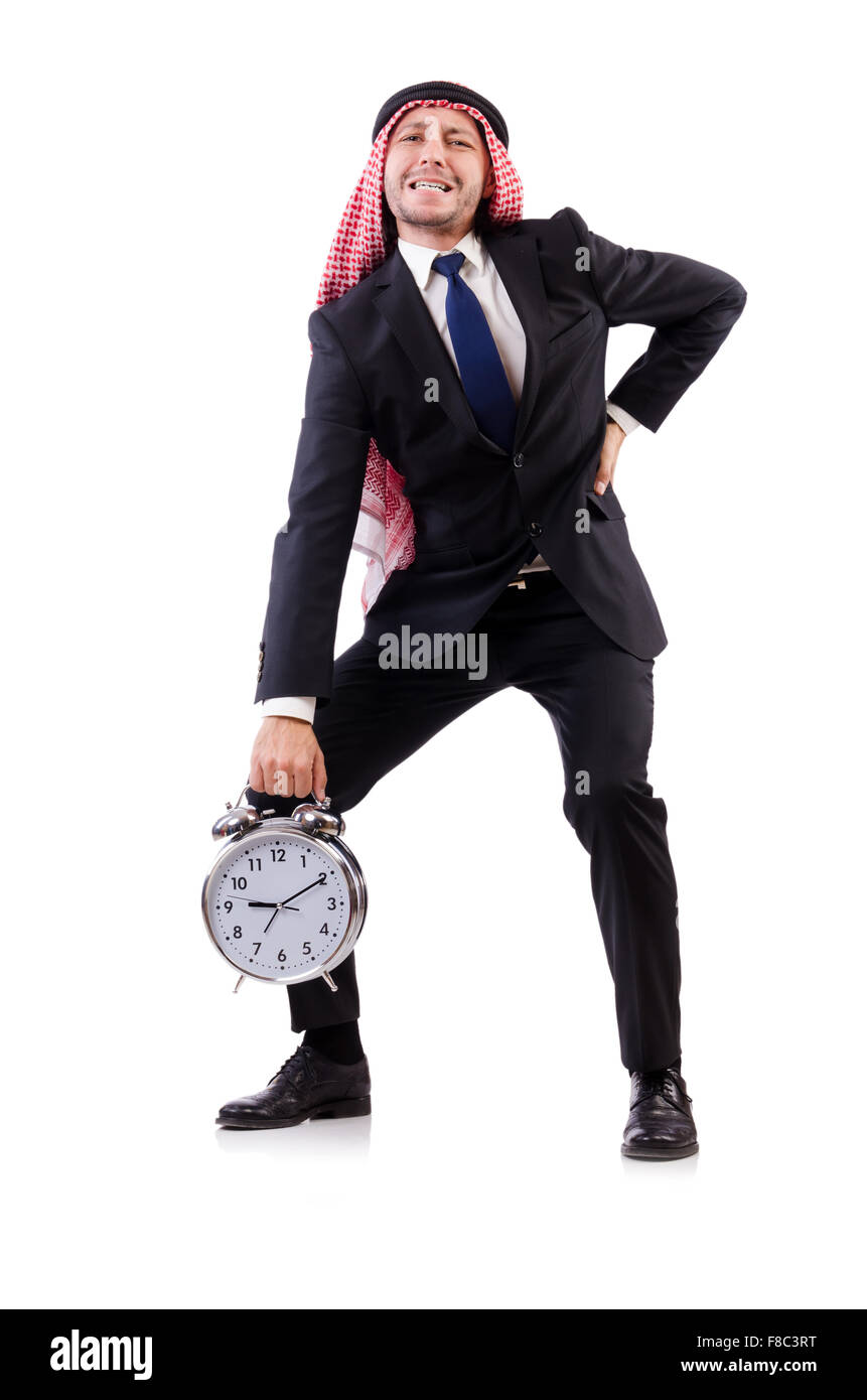 Arab man in time concept on white Stock Photo - Alamy