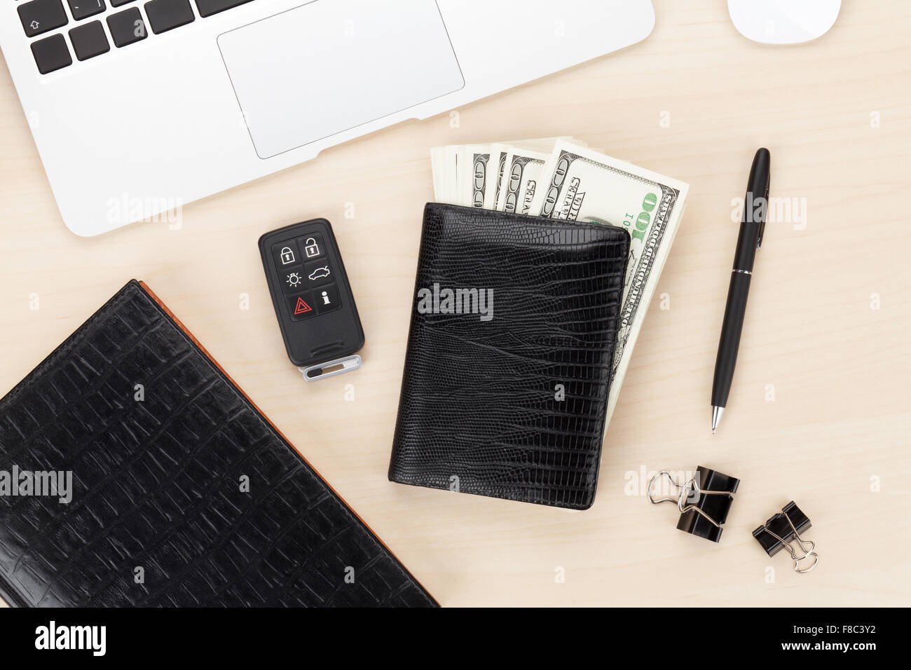 Office table with pc, supplies and money cash. View from above Stock ...