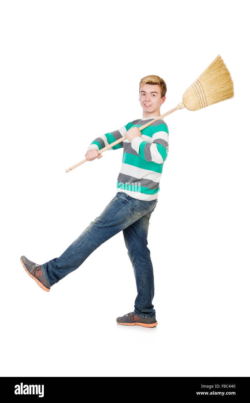 Funny man with mop isolated on white Stock Photo - Alamy