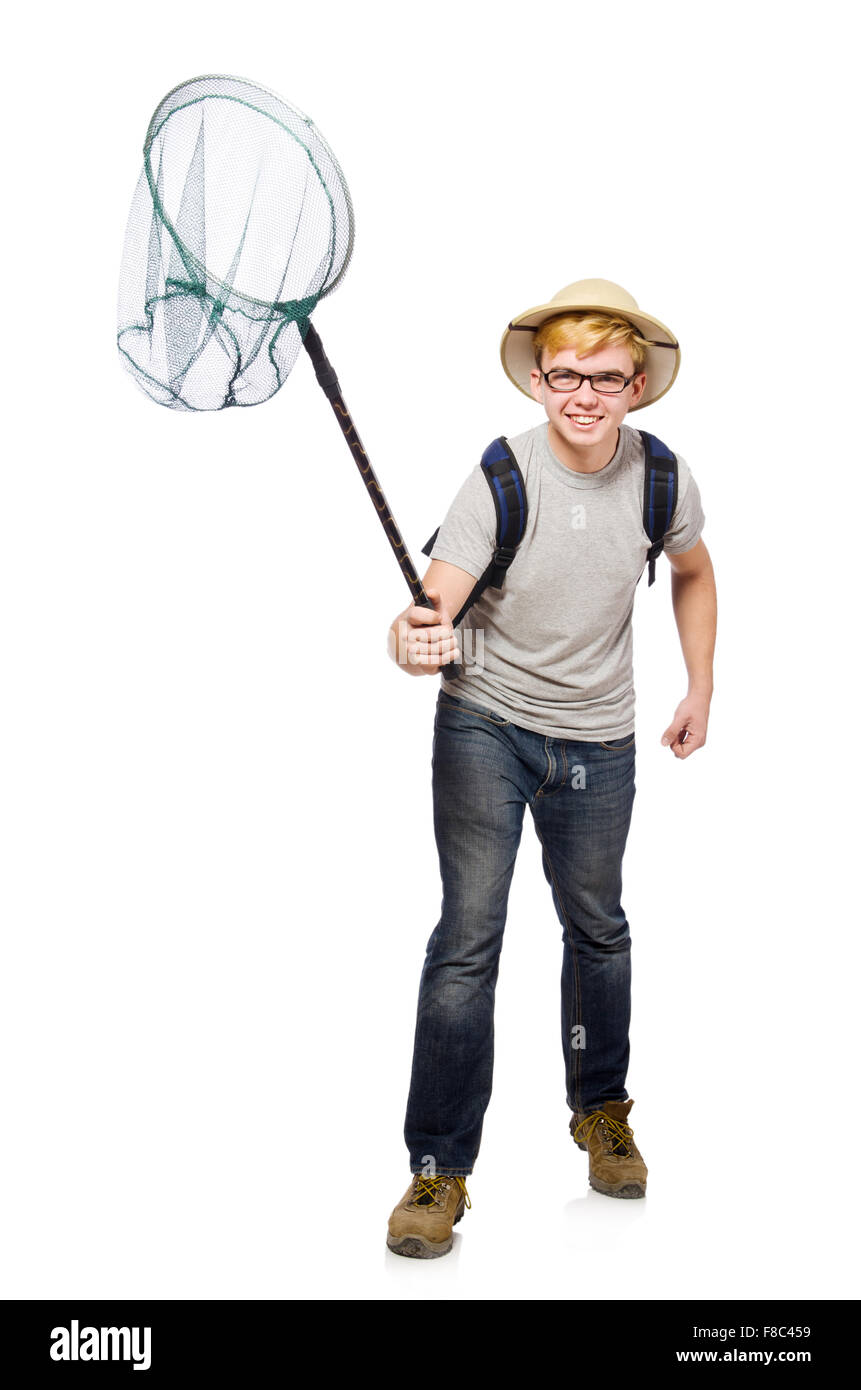 Funny guy with catching net on white Stock Photo - Alamy