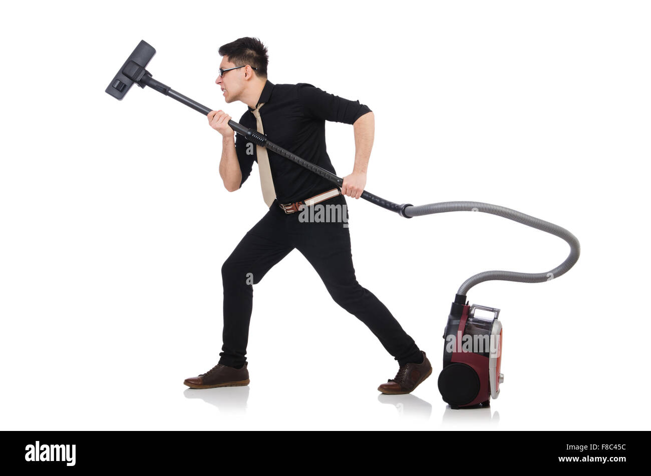 Man with vacuum cleaner isolated on white Stock Photo - Alamy