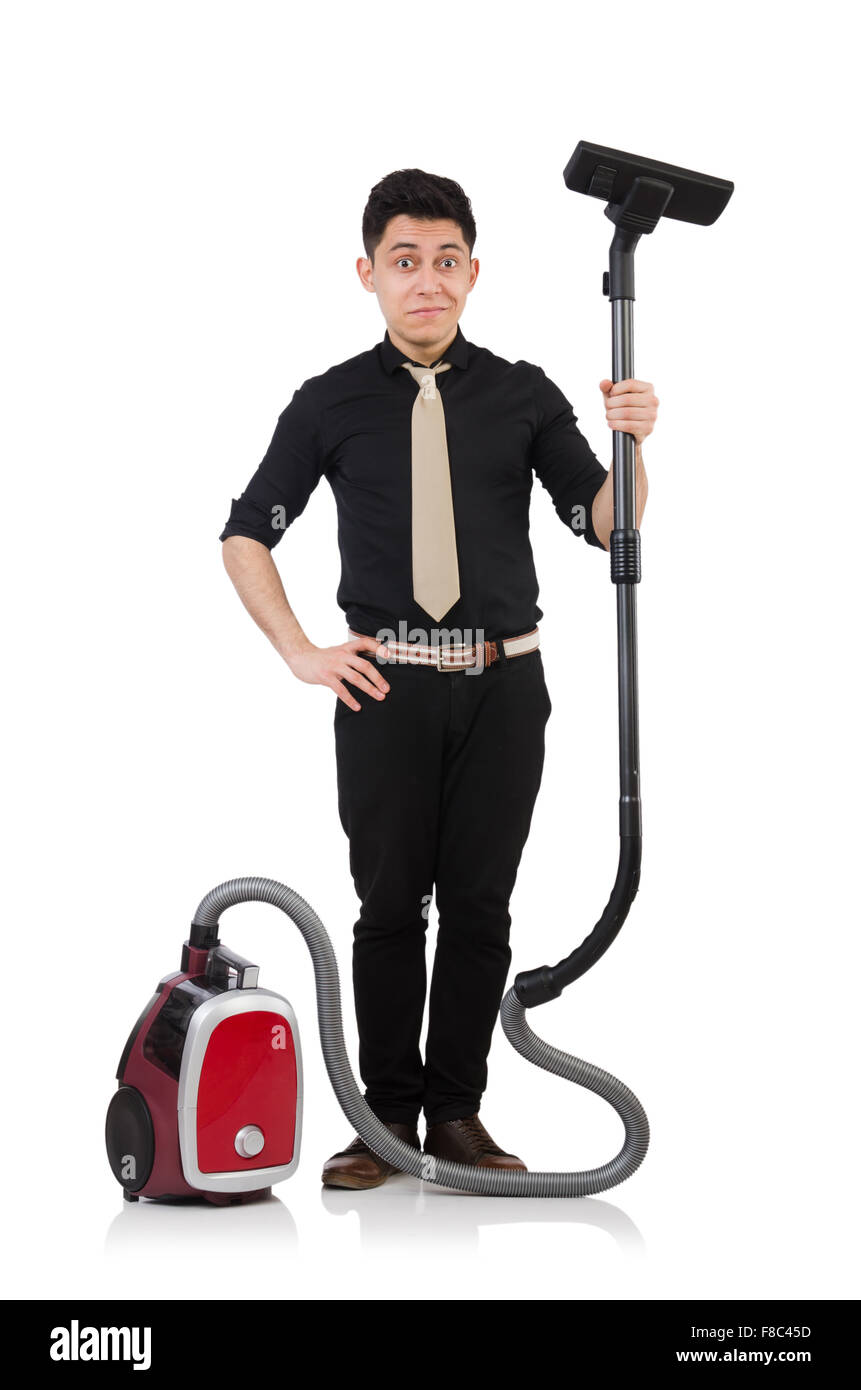Man with vacuum cleaner isolated on white Stock Photo - Alamy
