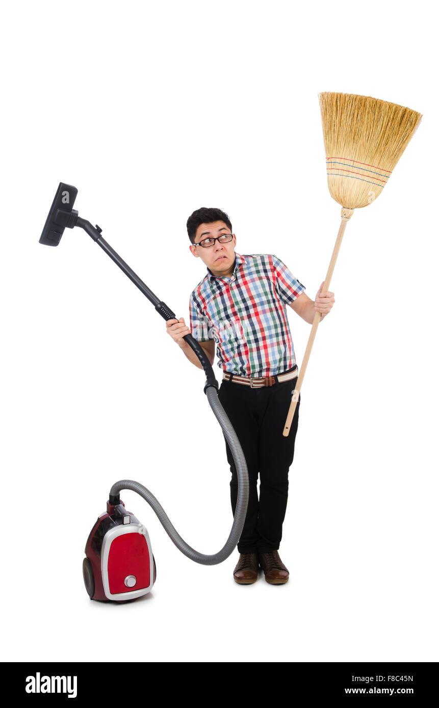 Man with vacuum cleaner and broom on white Stock Photo - Alamy