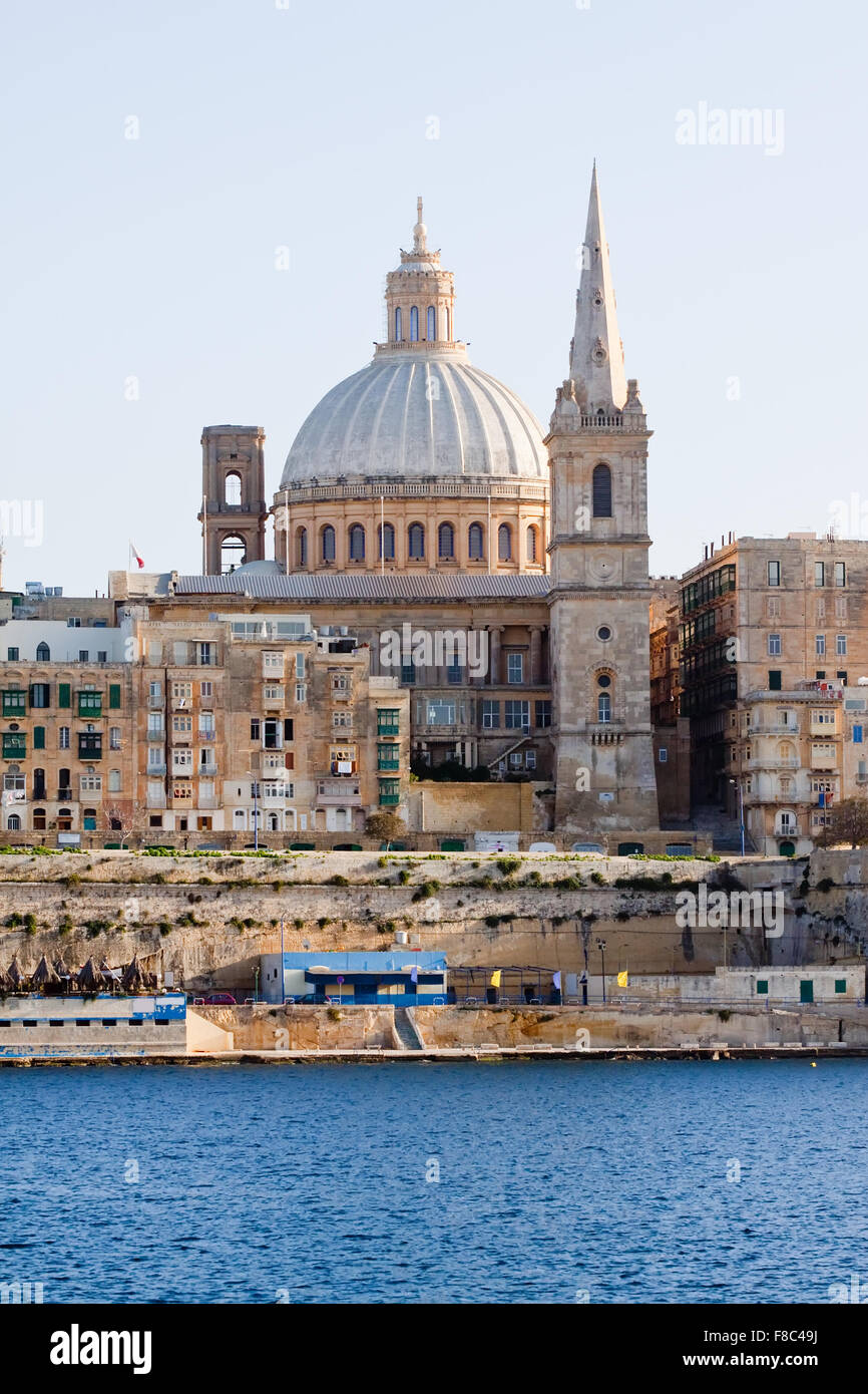 View of Valletta with Our Lady of Mount Carmel church dome, Malta Stock ...