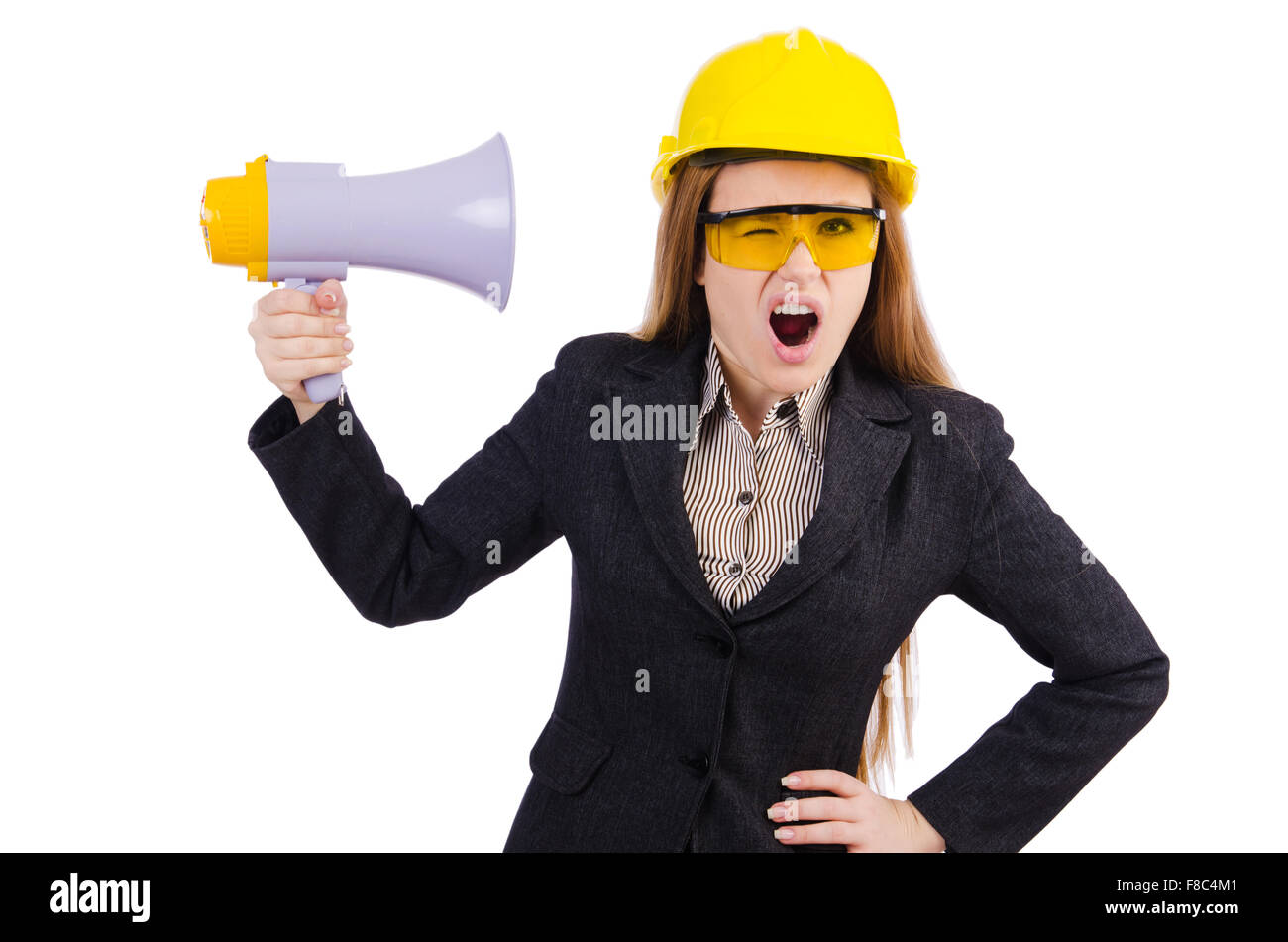 Female construction worker with loudspeaker isolated on white Stock ...