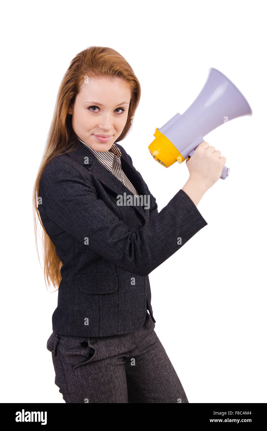 Woman with loudspeaker isolated on the white Stock Photo - Alamy