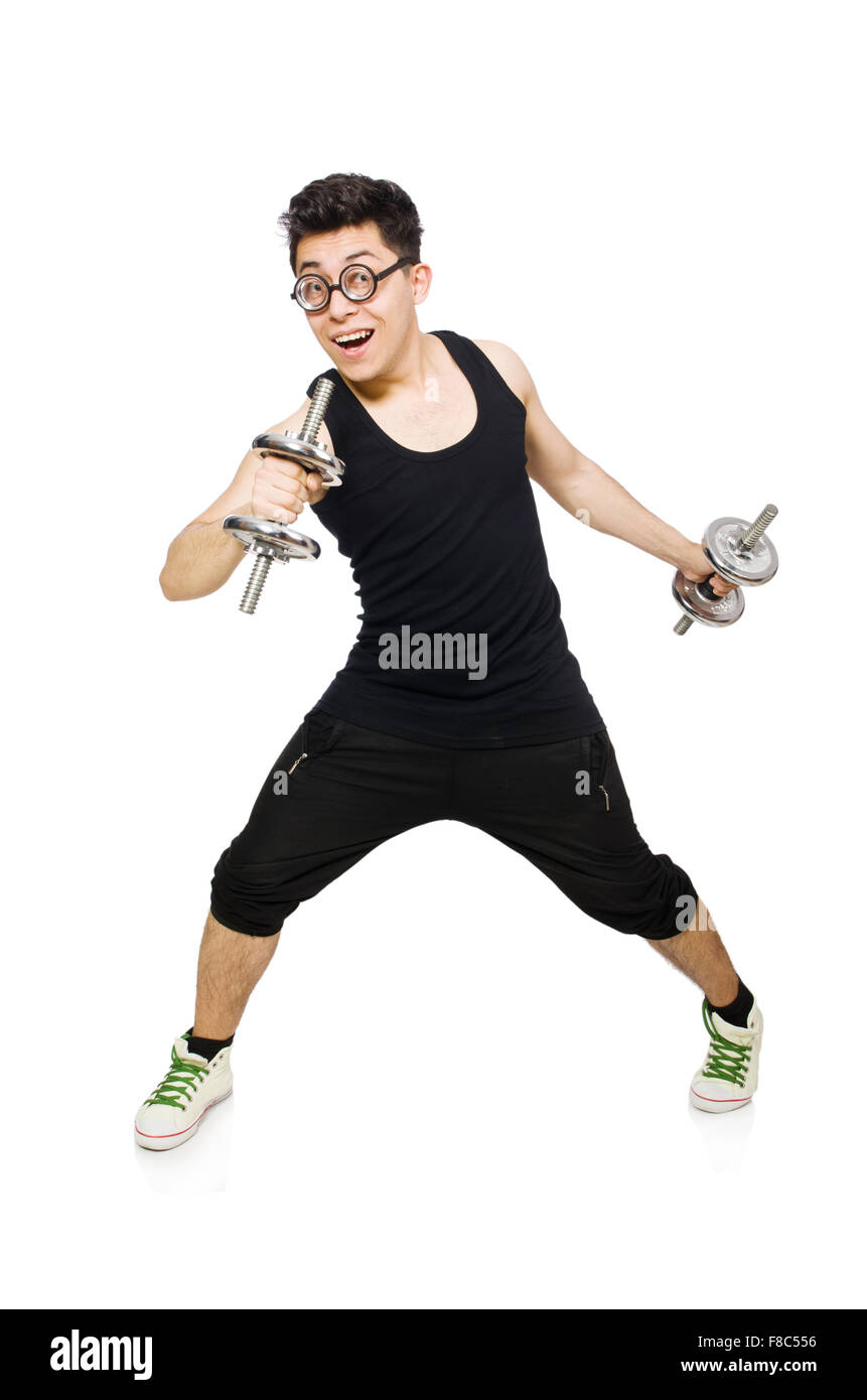 Man with dumbbells isolated on white Stock Photo - Alamy