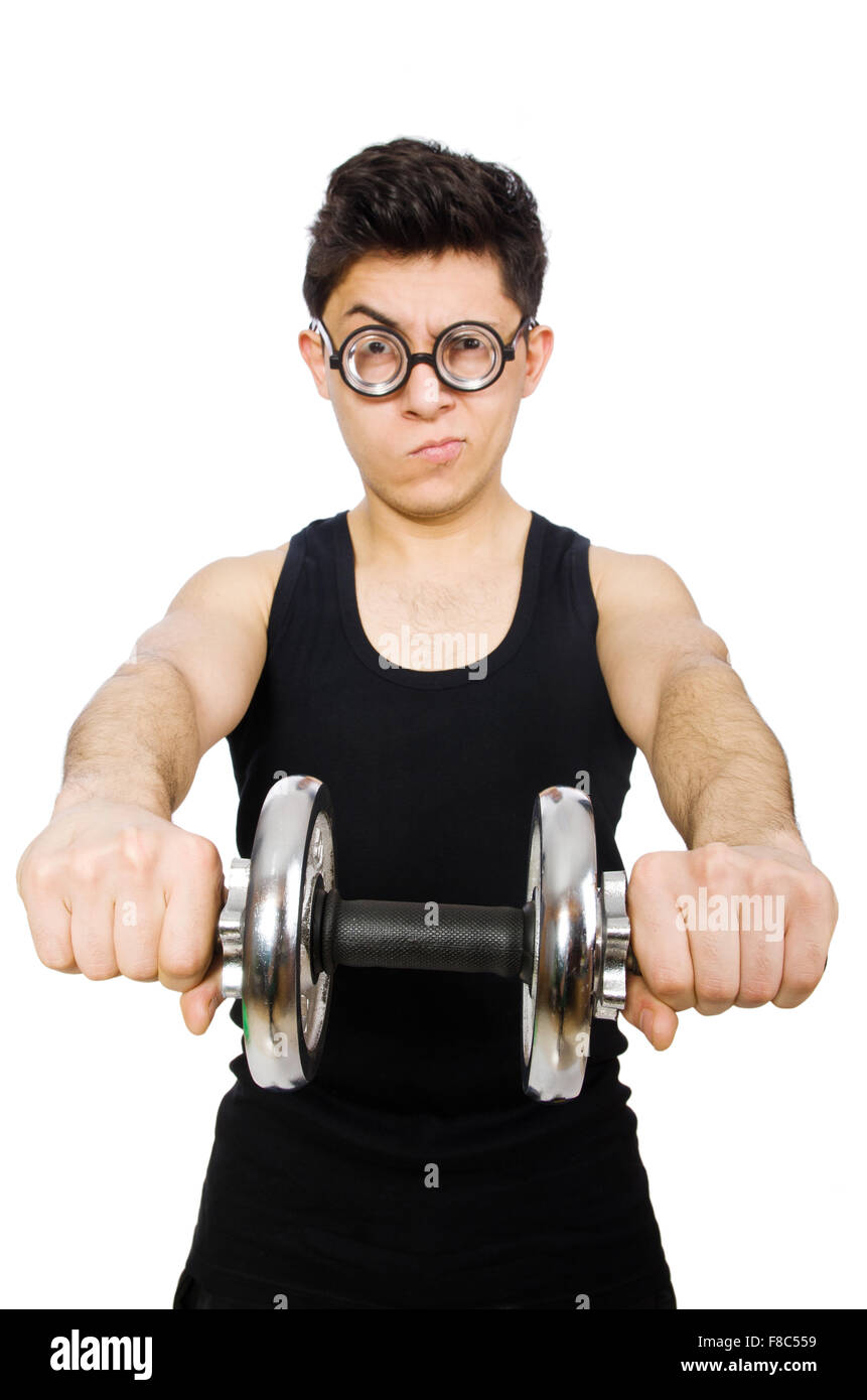 Man with dumbbells isolated on white Stock Photo - Alamy
