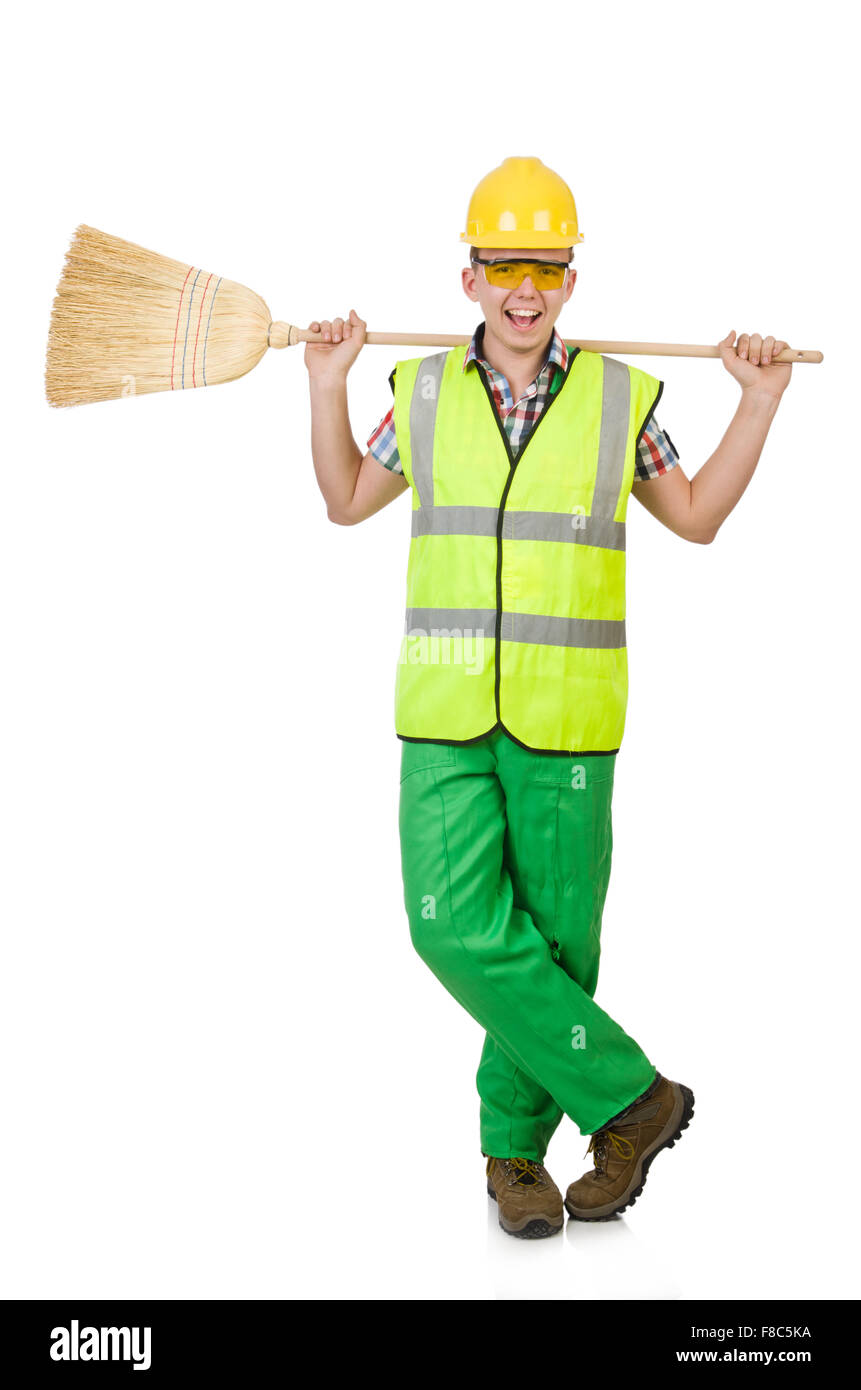 Funny janitor with broom isolated on white Stock Photo - Alamy