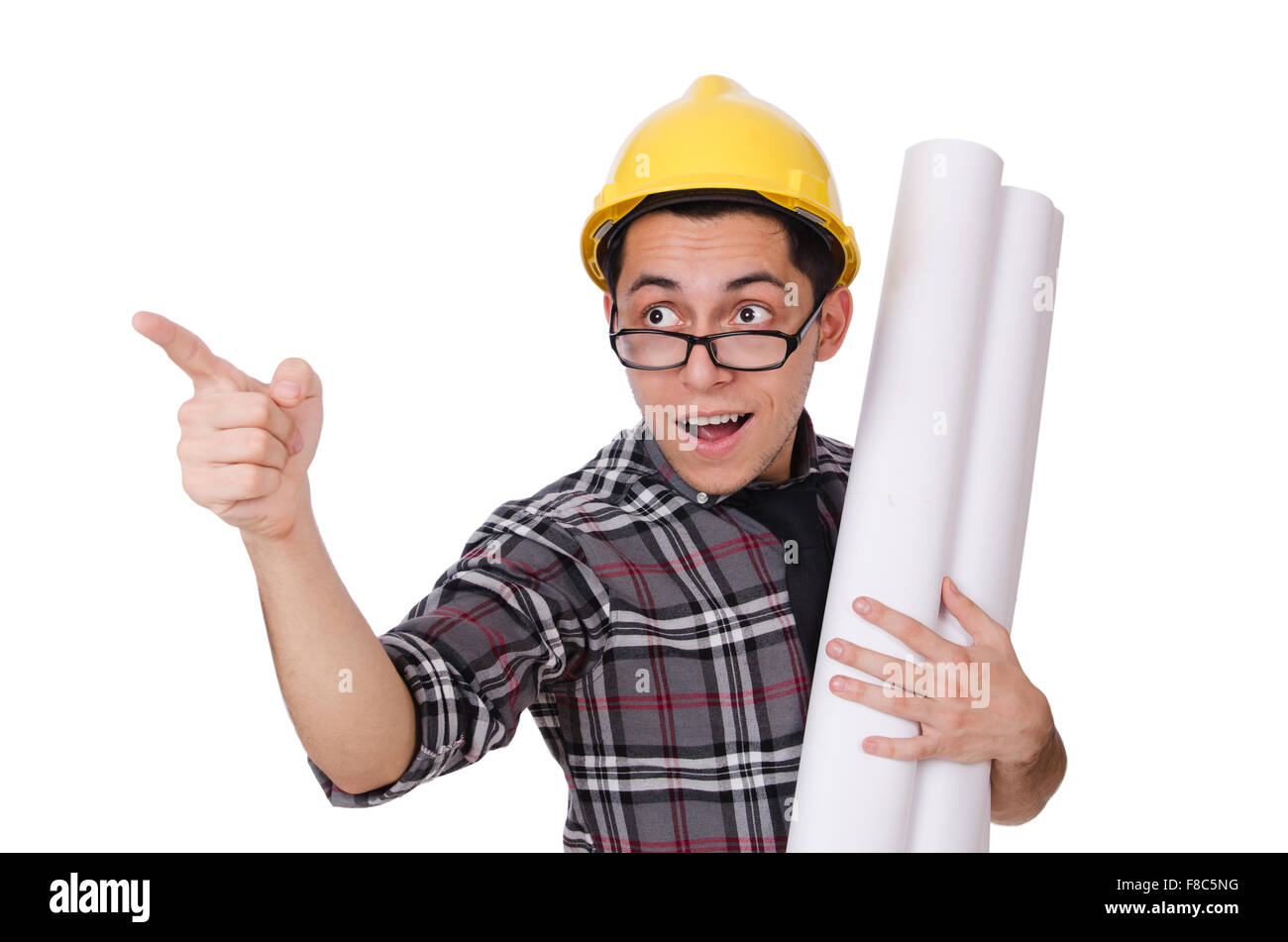 Funny man with blueprints on white Stock Photo - Alamy