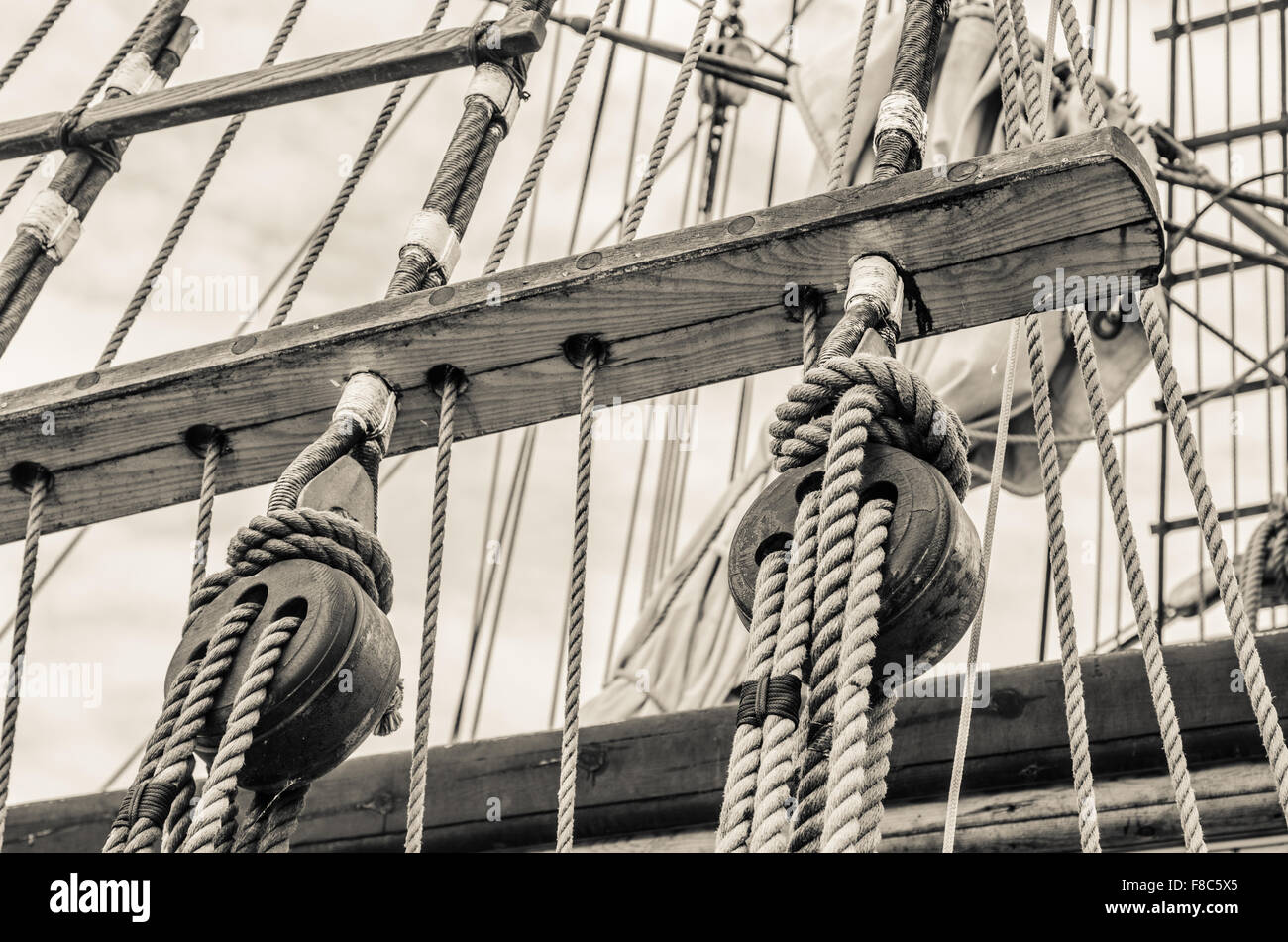 Blocks and rigging of an old sailboat Stock Photo - Alamy