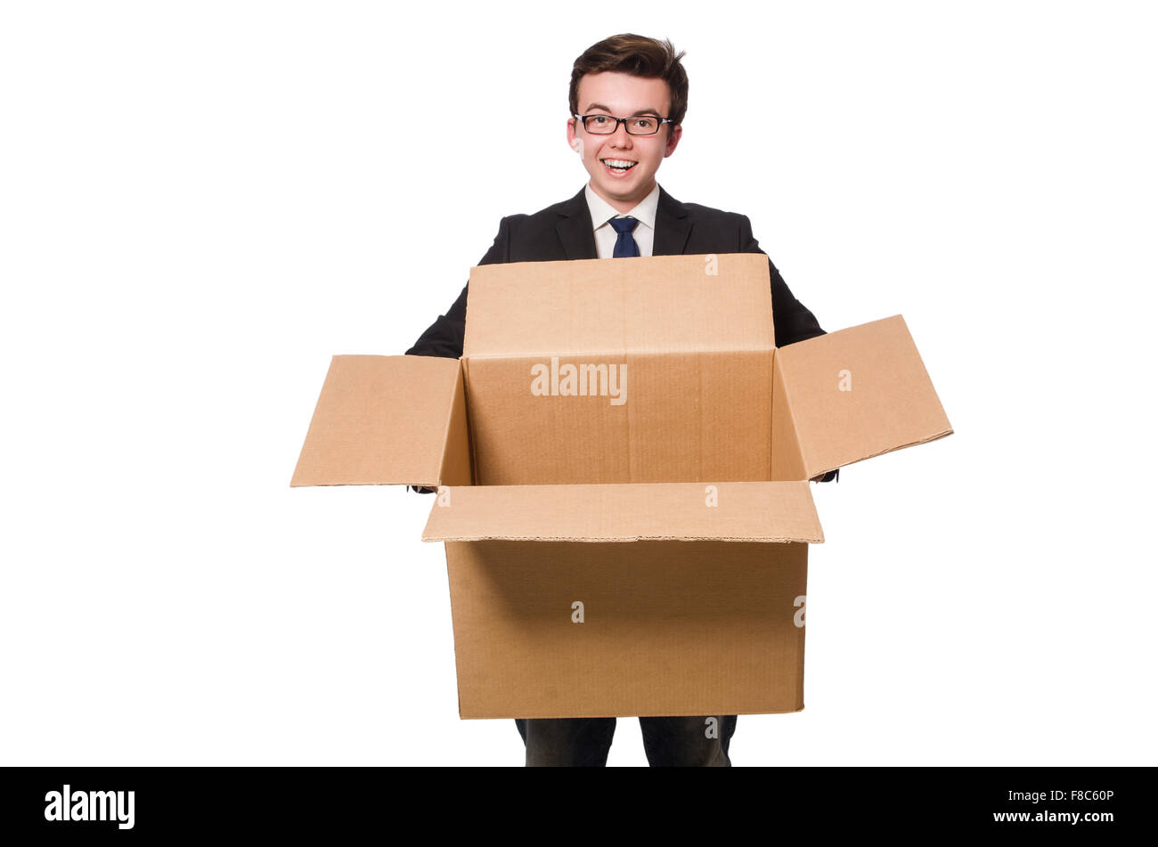 Funny man with boxes isolated on white Stock Photo - Alamy