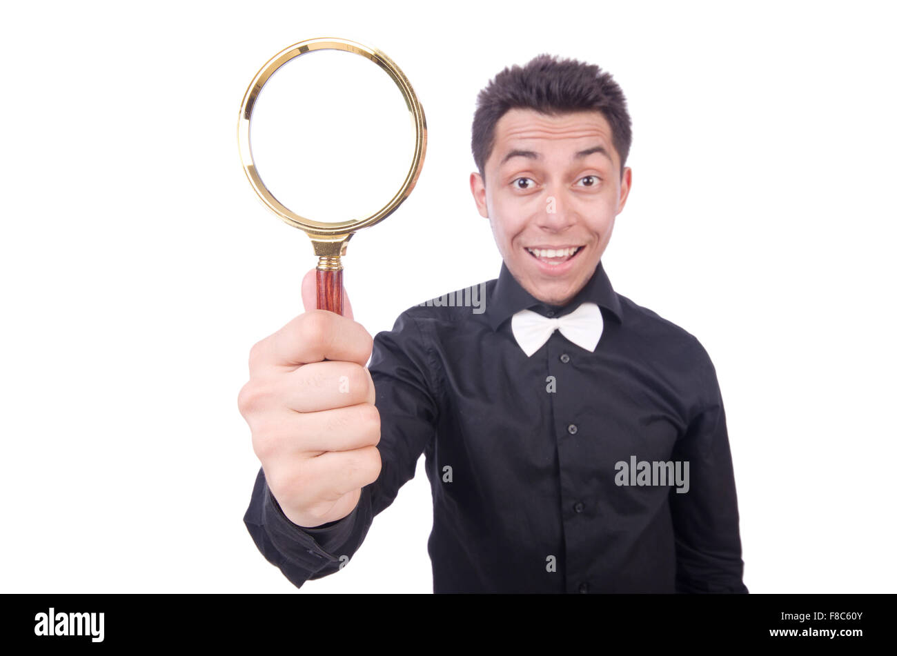 Funny man with magnifying glass Stock Photo - Alamy