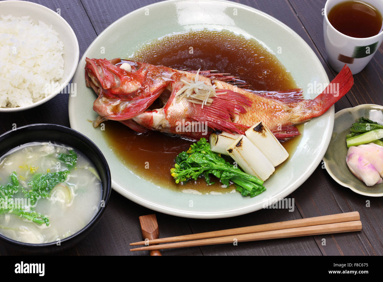 simmered kinki rockfish with rice and miso soup, japanese cuisine Stock ...