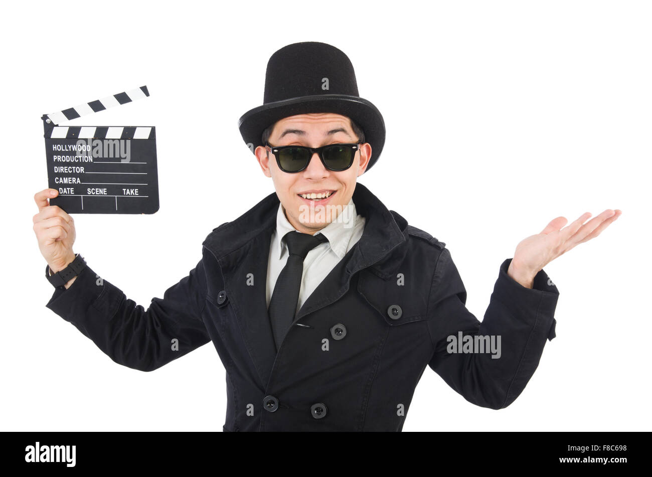 Man with movie clapper isolated on white Stock Photo - Alamy