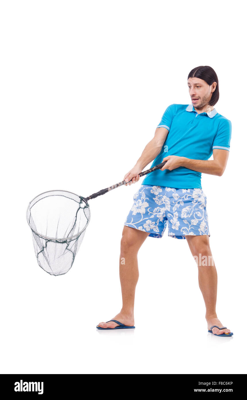 Man with big catching net isolated on white Stock Photo - Alamy