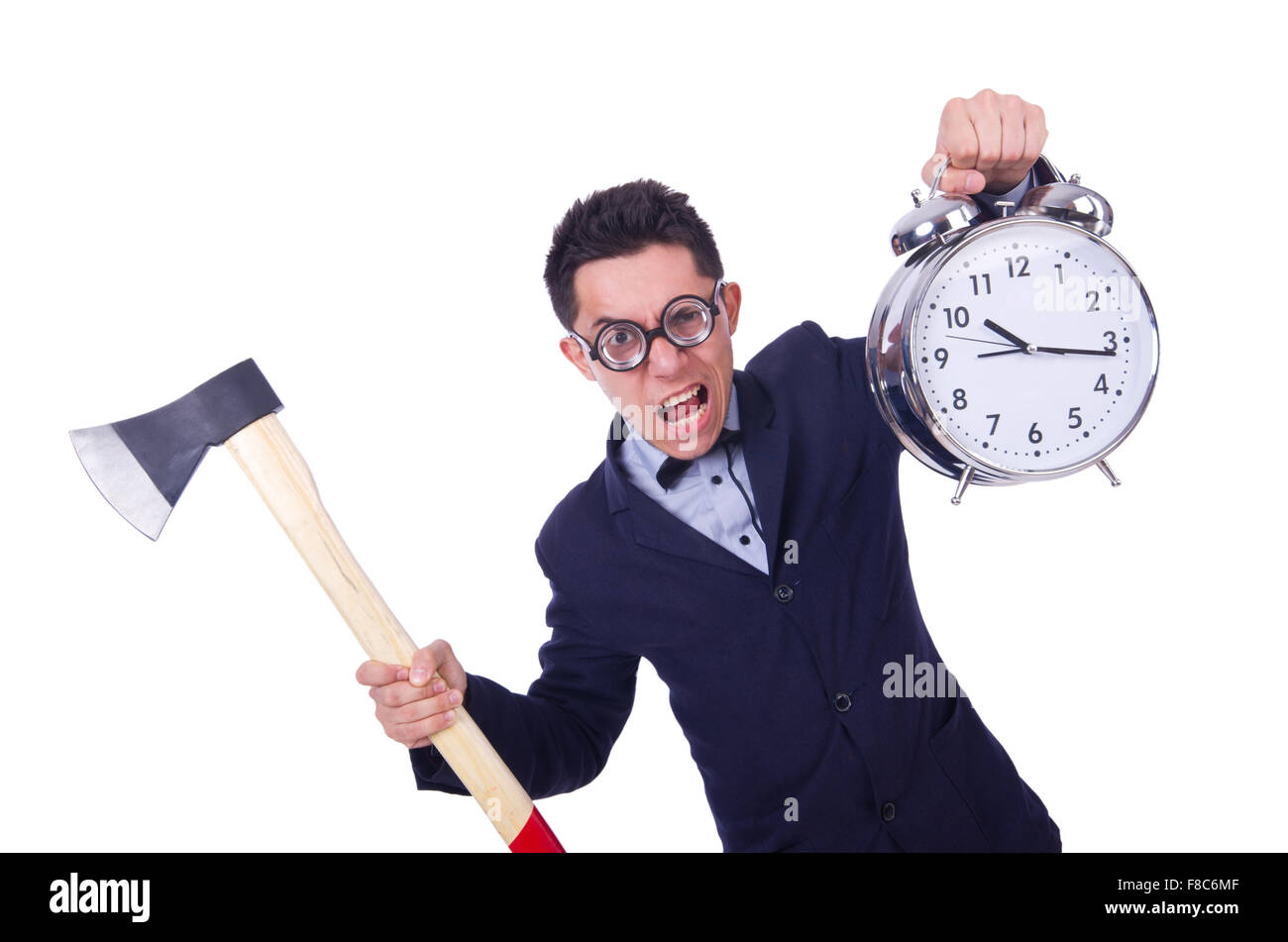 Funny man with axe and clock on white Stock Photo - Alamy