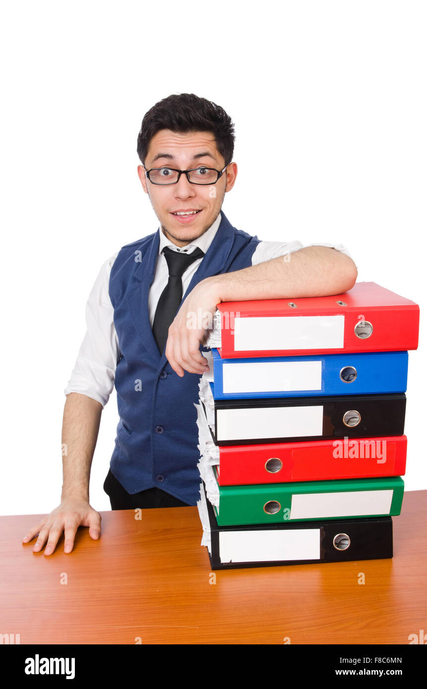 Funny man with lots of folders on white Stock Photo - Alamy