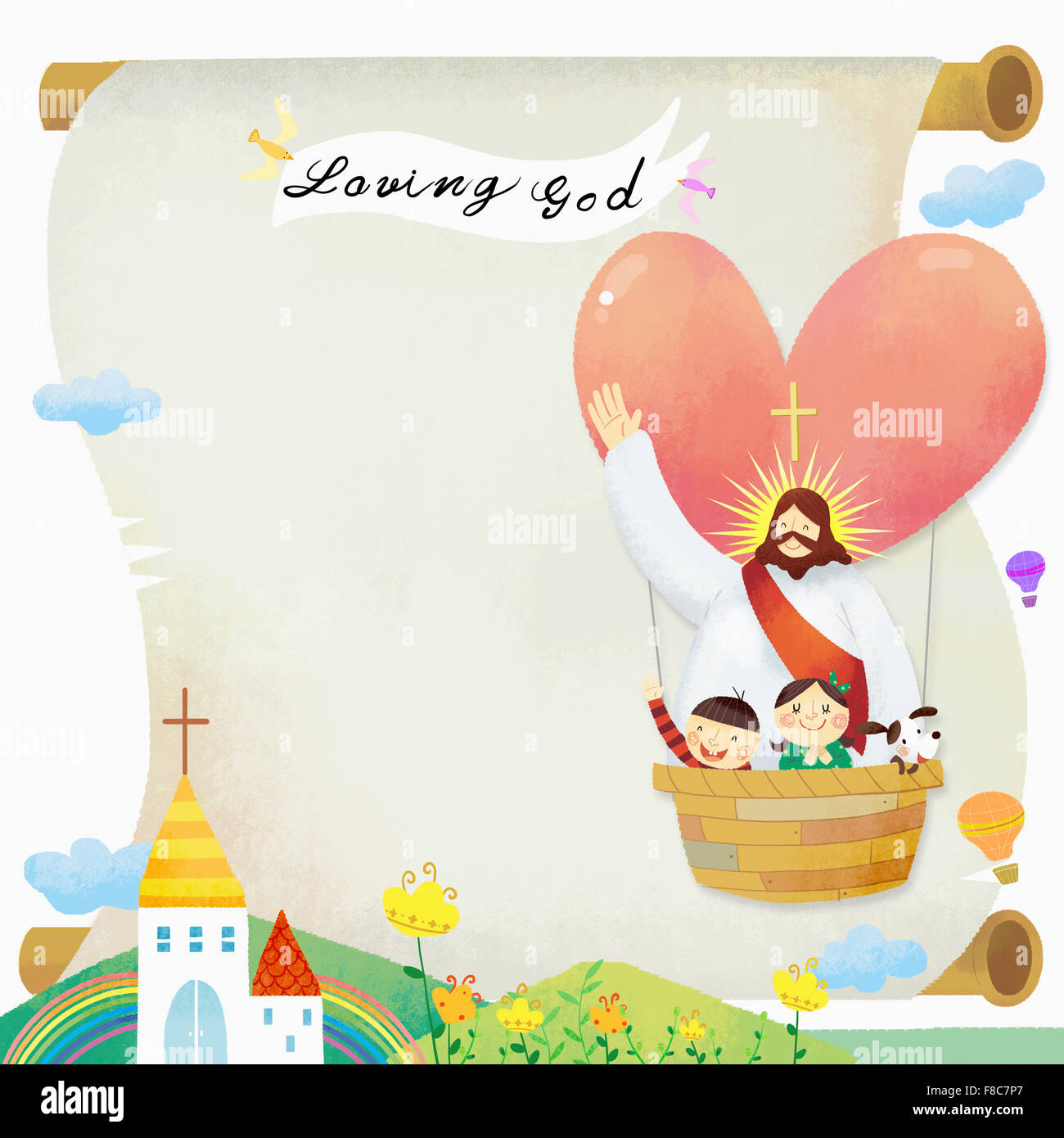 Christian religion with children and Jesus in air-hot balloon Stock ...