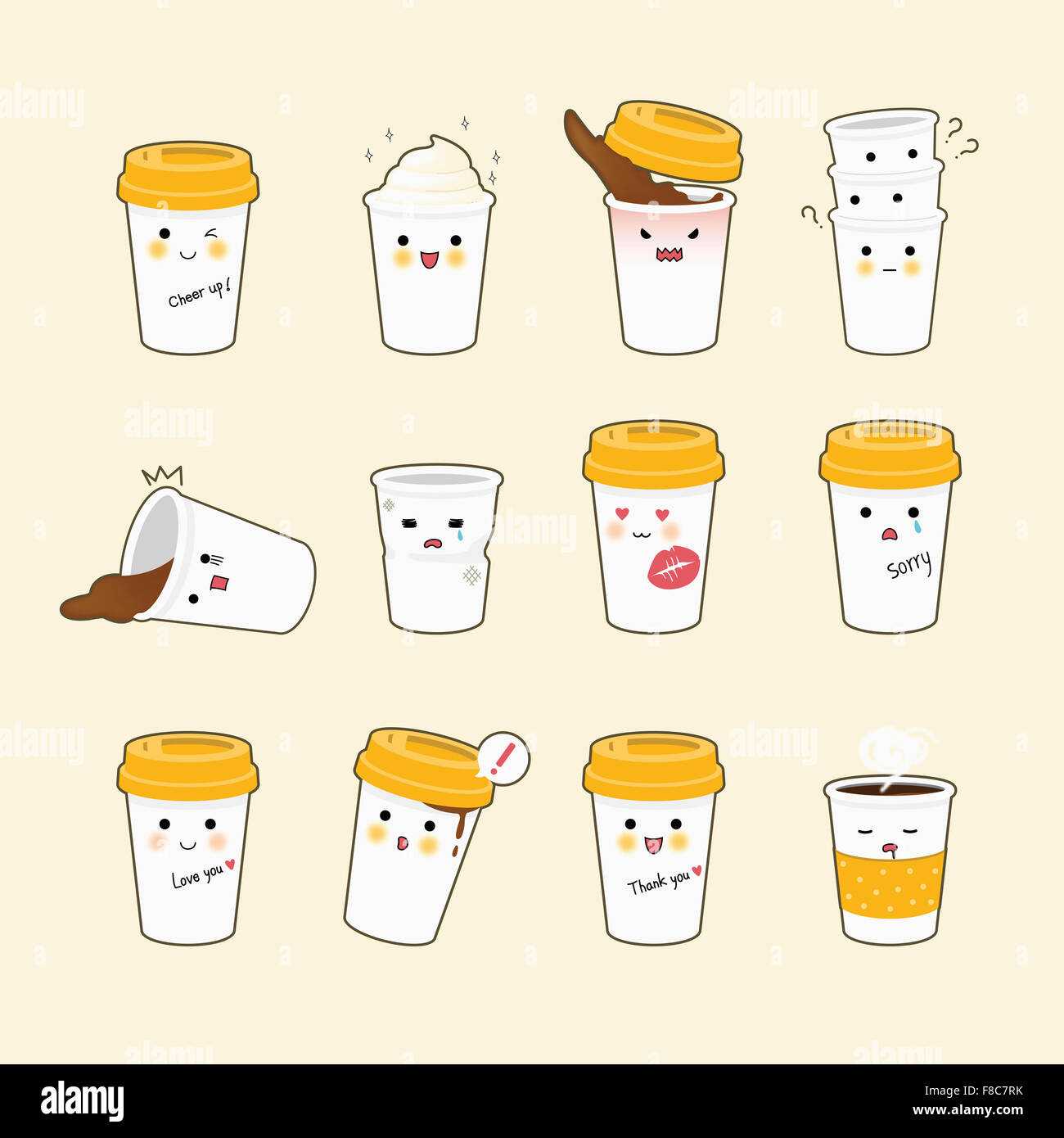 Set of various emoticons with personified takeout cups Stock Photo - Alamy