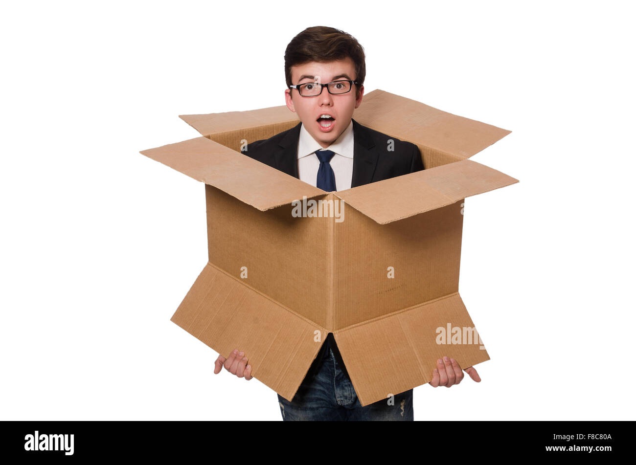 Funny man with boxes isolated on white Stock Photo - Alamy
