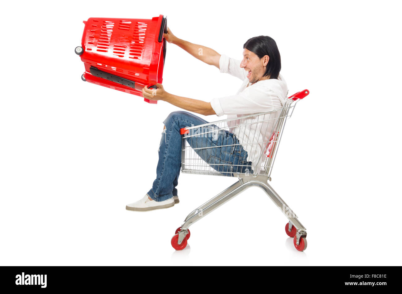 Man shopping with supermarket basket cart isolated on white Stock Photo ...