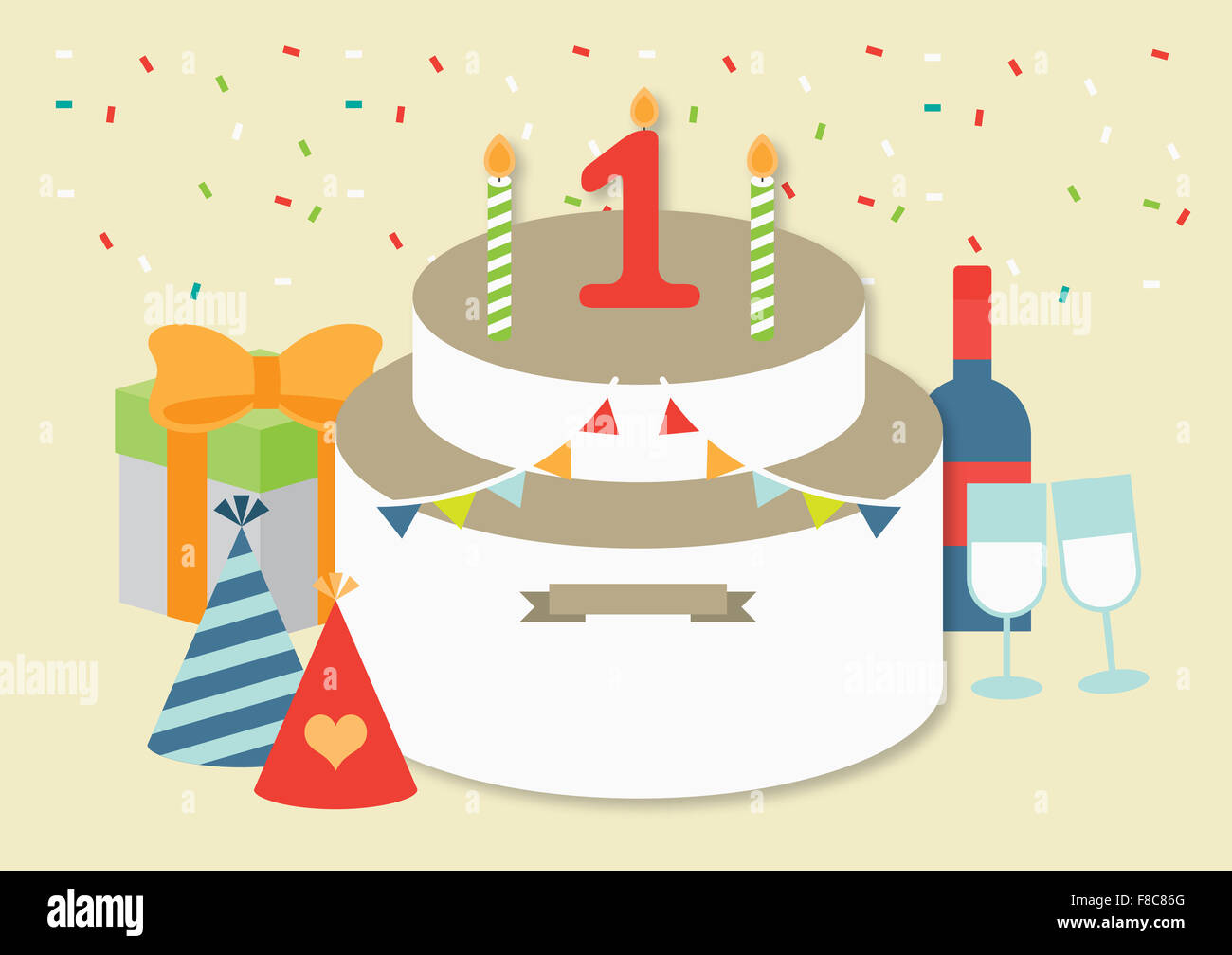 Flat-design for first-birthday party with cake, candles, hats, present ...