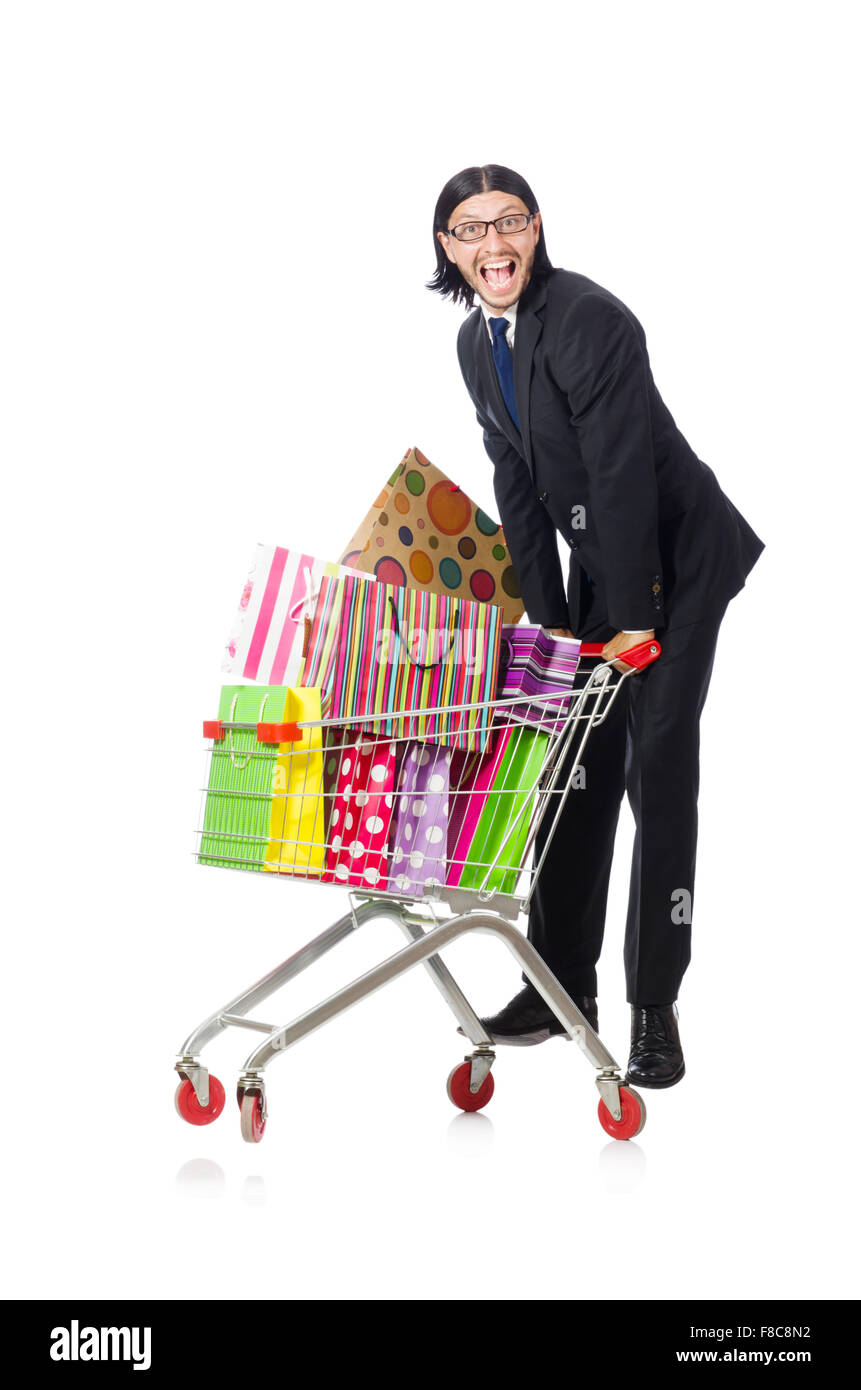 Man shopping with supermarket basket cart isolated on white Stock Photo ...