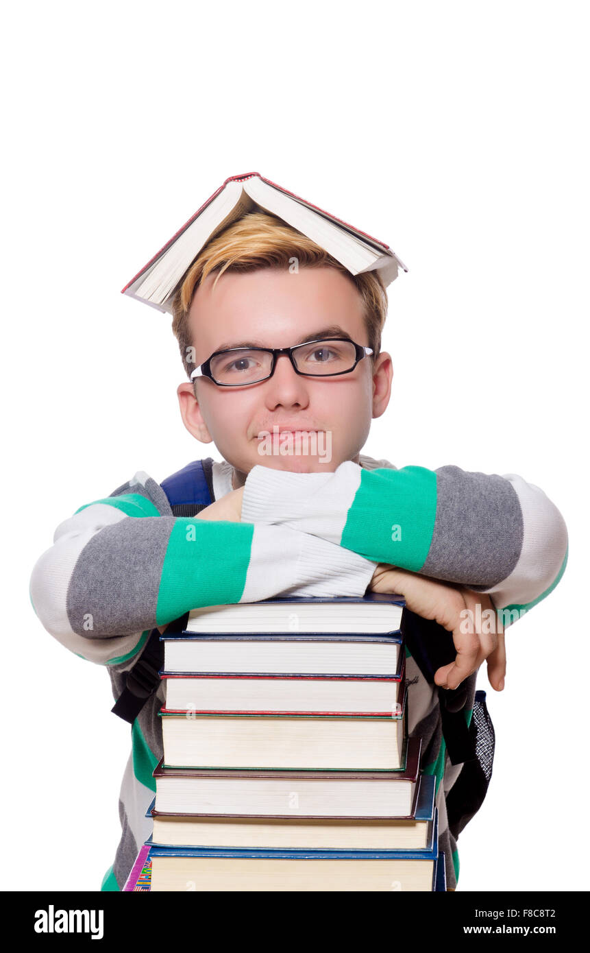 Funny student with stack of books Stock Photo - Alamy