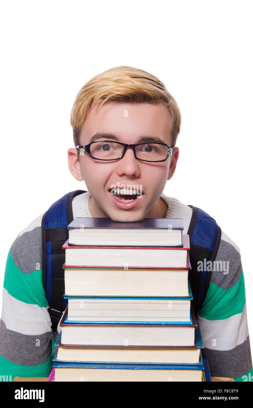 Funny student with stack of books Stock Photo - Alamy