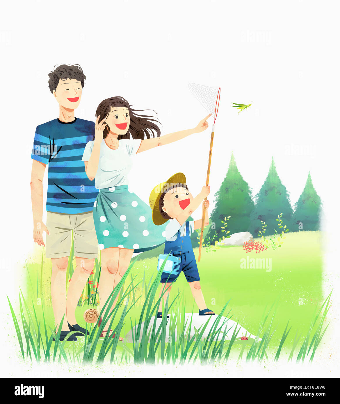 Man, woman and boy trying to catch insect with a net on grassland in ...