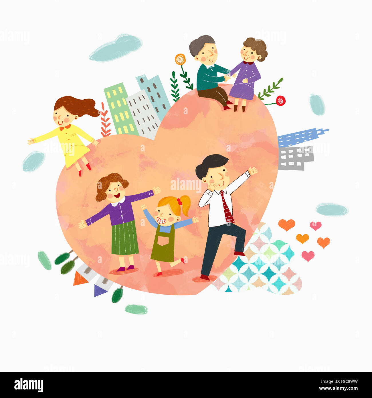 Harmonious family including old couple Stock Photo - Alamy