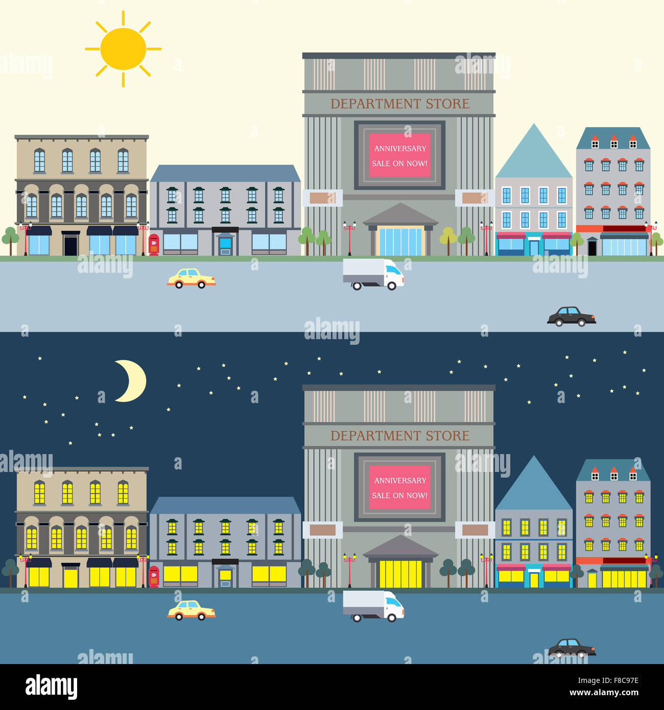 Contrast of day and night with street of department store Stock Photo ...