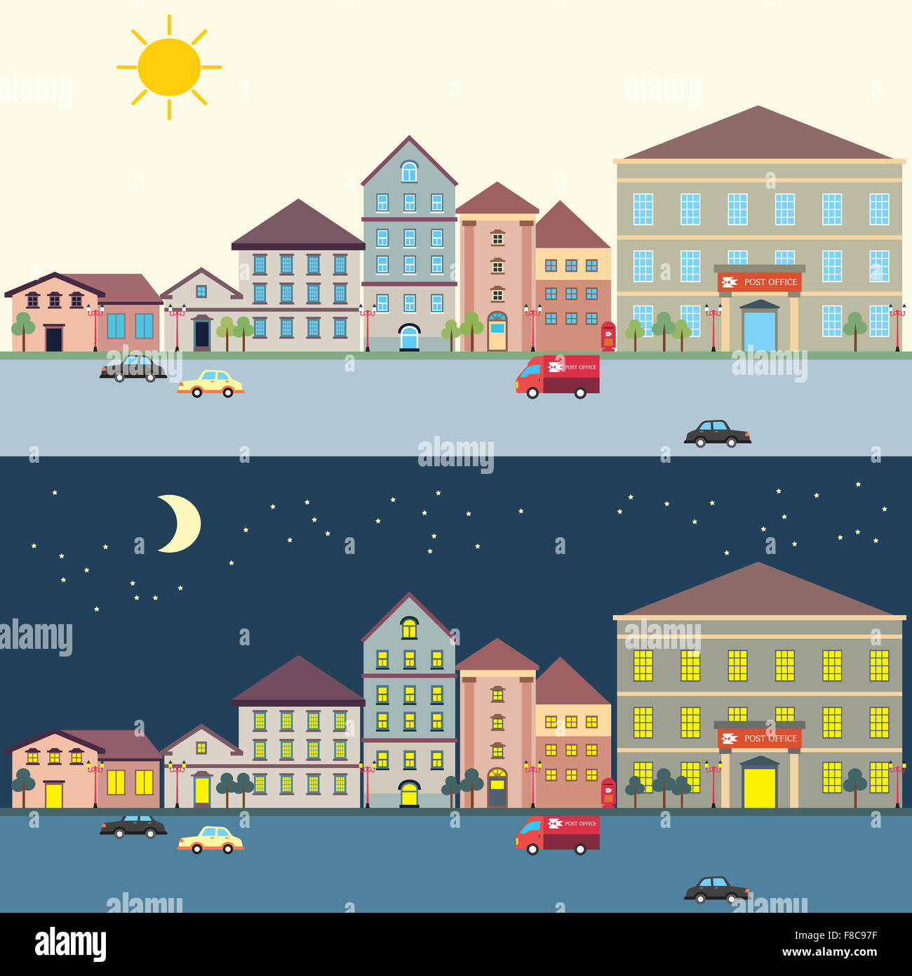 Contrast of day and night with street of post office Stock Photo - Alamy