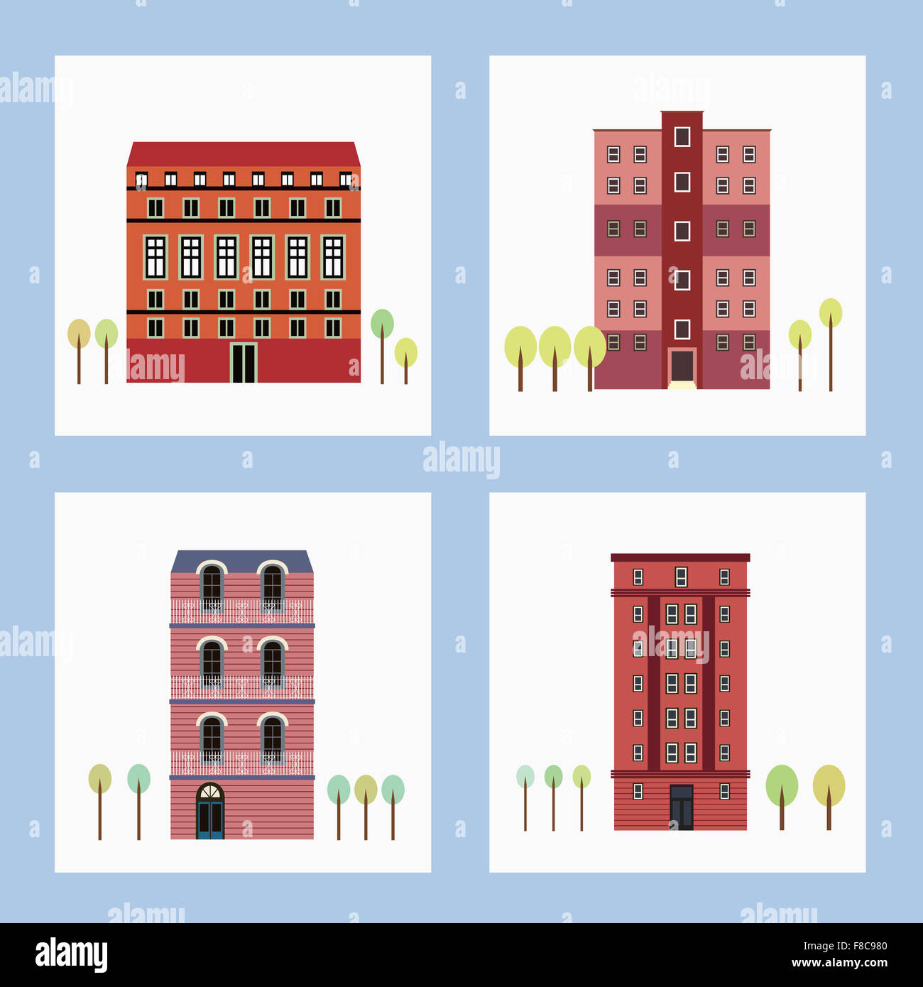 Set of various modern buildings with red Stock Photo - Alamy