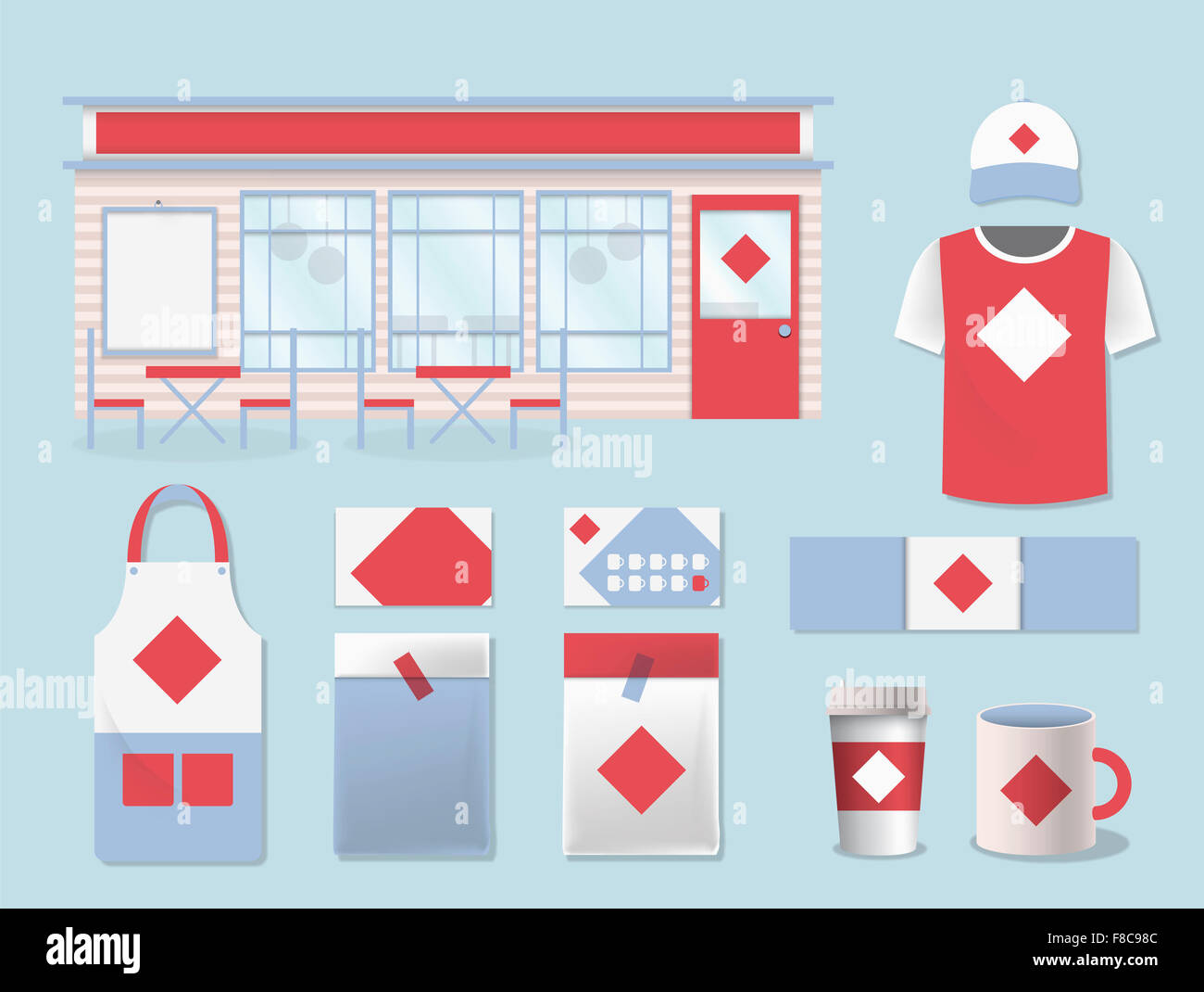 Set of various objects for takeout coffee shop with red like structure ...
